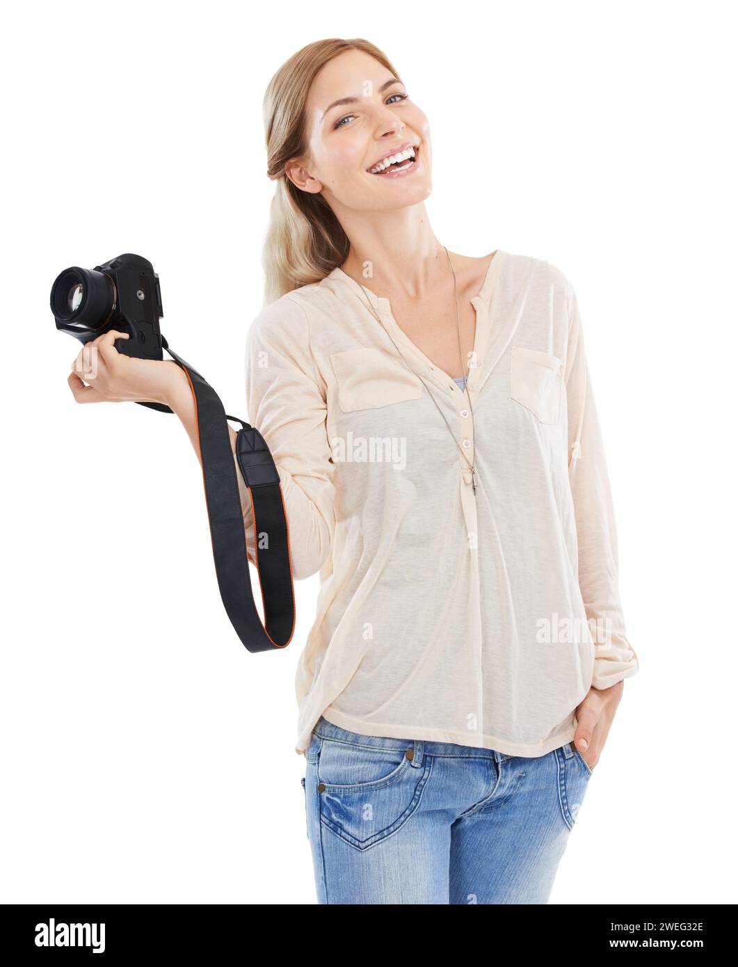 Portrait, photographer and smile of woman with camera in studio ...