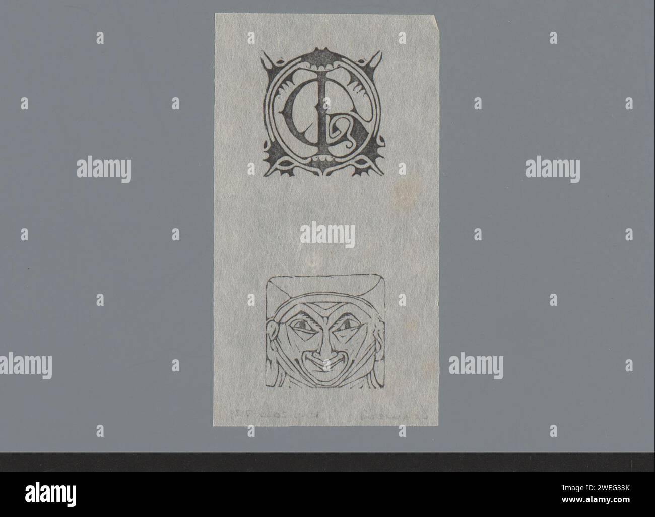 Grotesque head and monogram CP or PC, Mathieu Lauweriks, c. 1895 print ...
