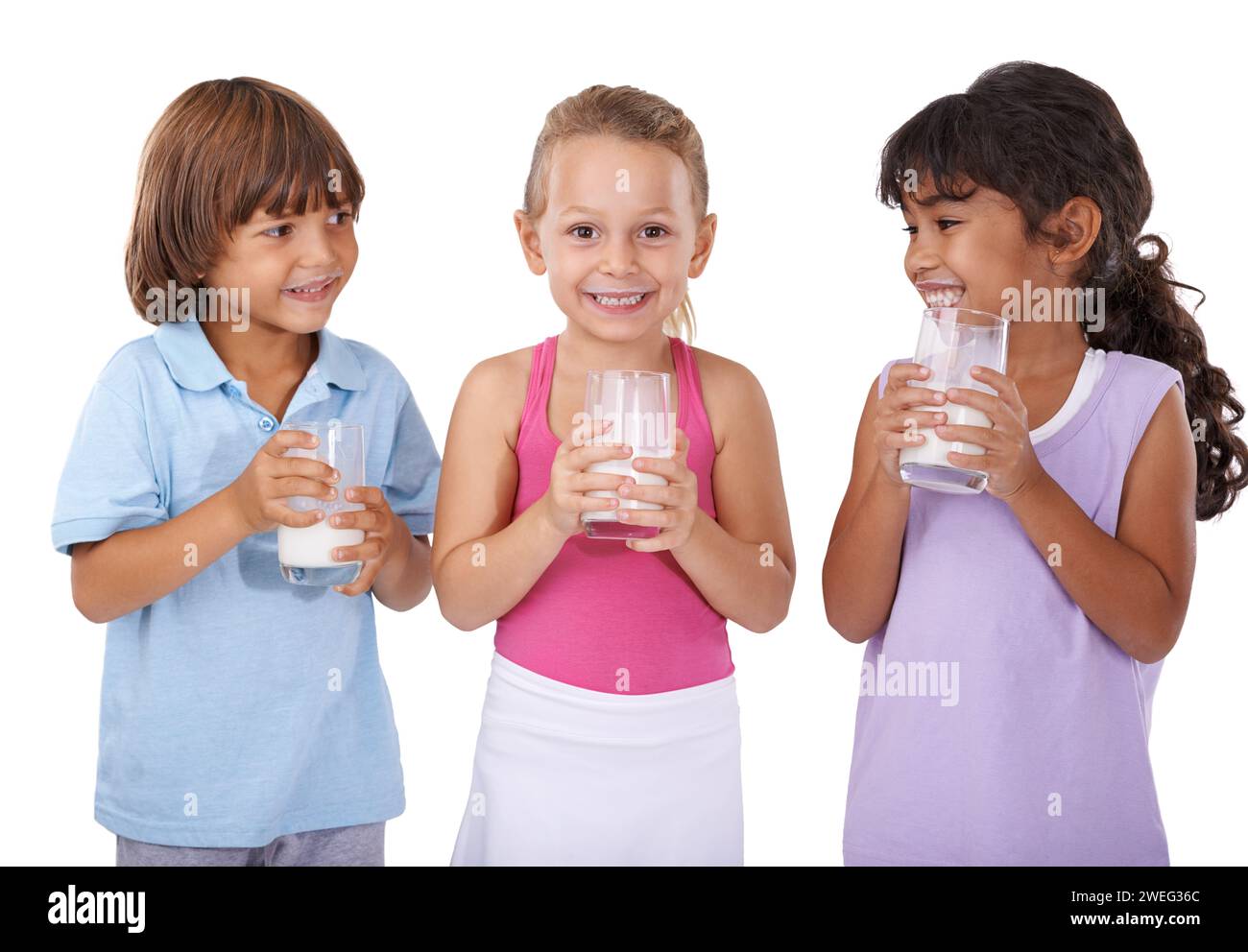 Children, drink and milk mustache on face with nutrition, health and ...