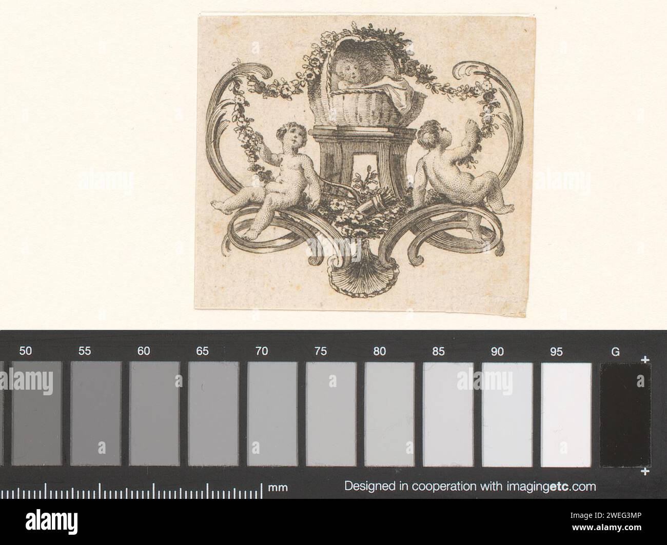 Vignette with three children, one in a cradle, c. 1700 - c. 1800 print ...