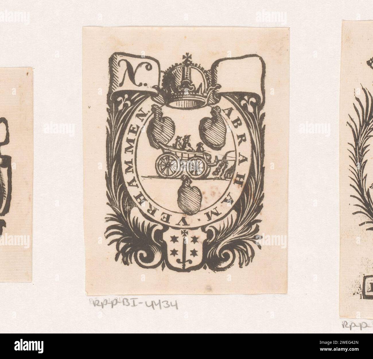 Vignette of Abraham Vermamen, Anonymous, 1600 - 1699 print A carriage and three hams in an oval ...