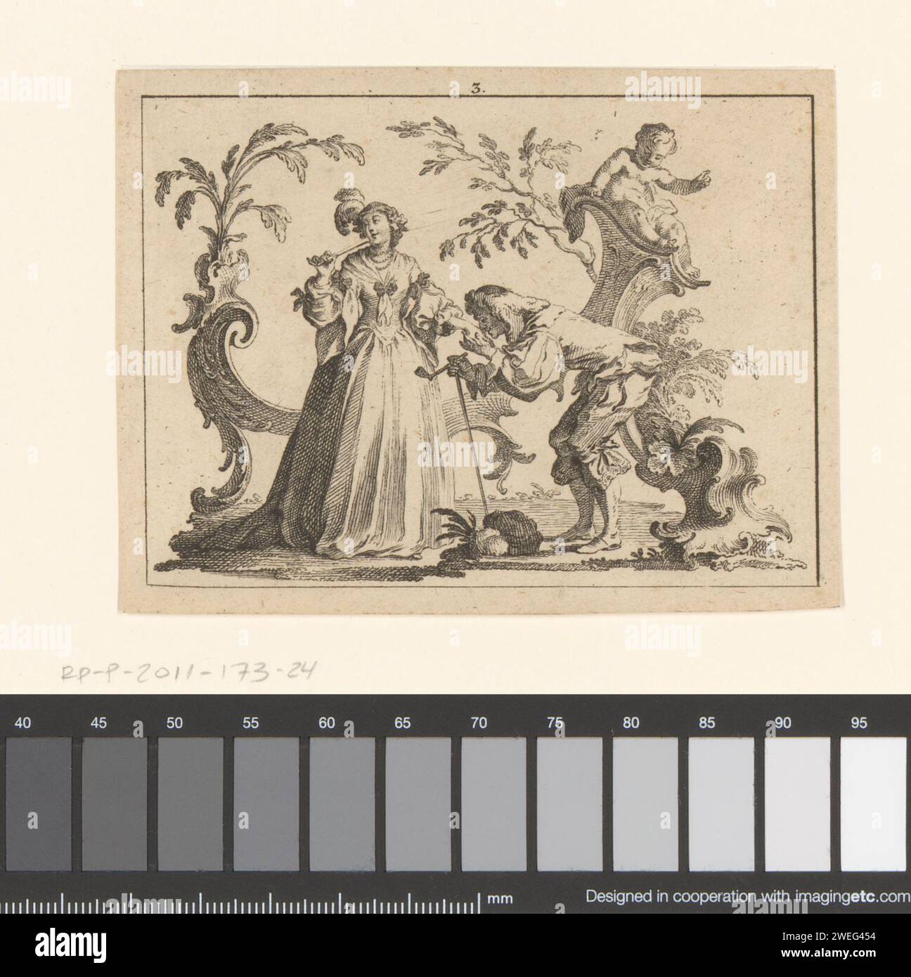 Piping man with a stick who gives a woman a hand kiss on a rococo ...