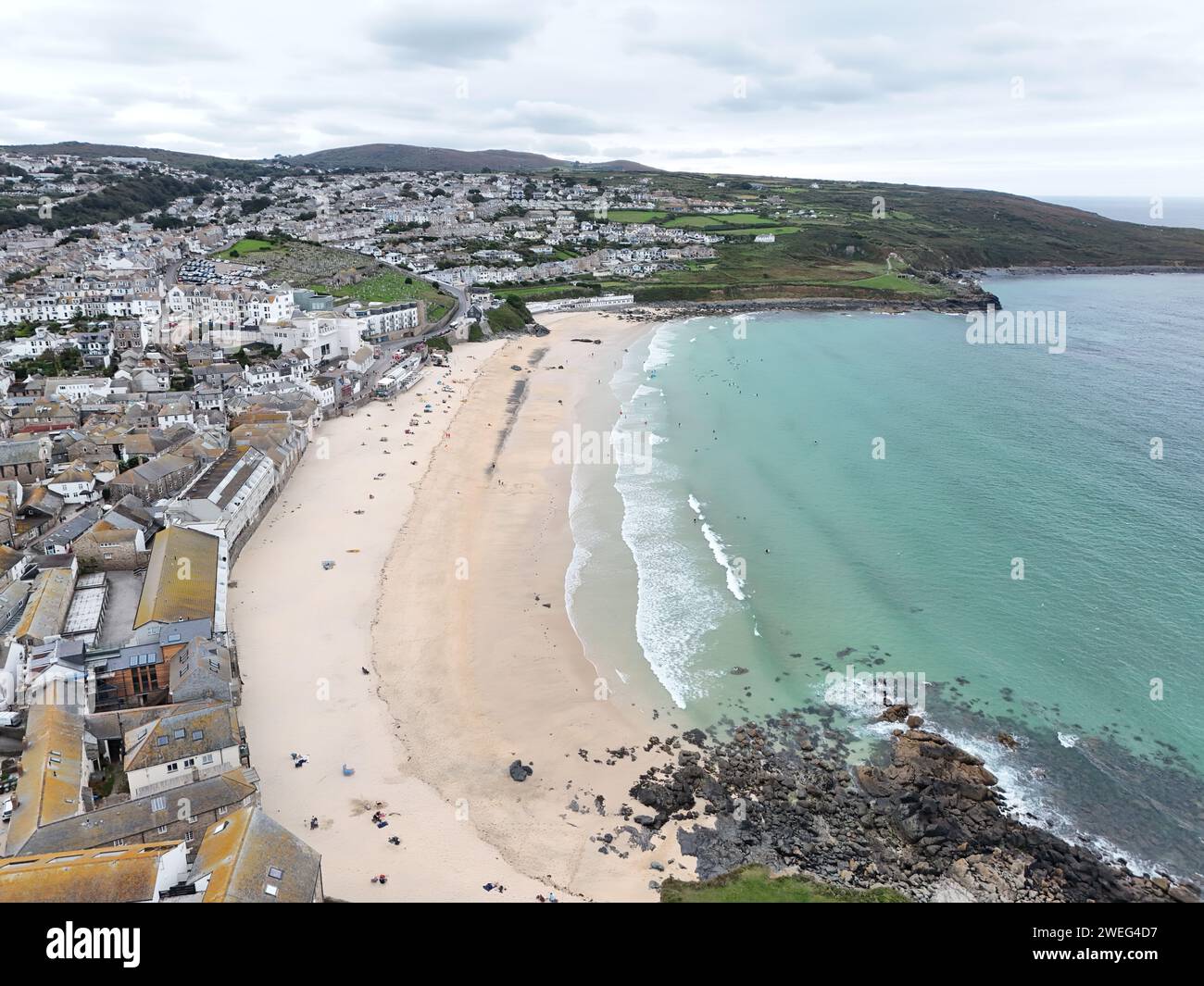 Porthmeor Beach St Ives Cornwall on calm summers day drone,aerial Stock ...