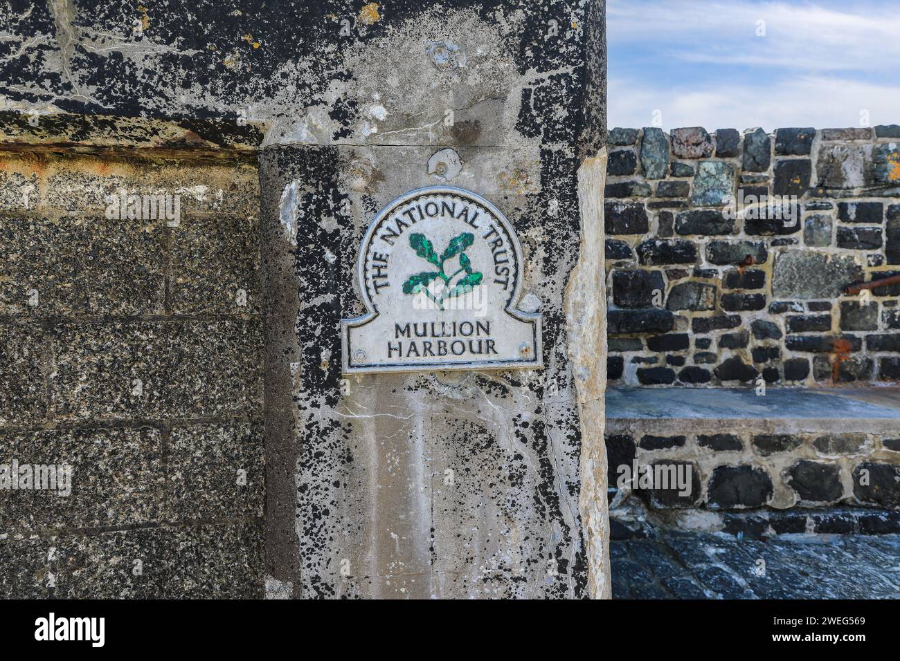 A National Trust Omega sign at Mullion Cove Harbour, Lizard Peninsula ...