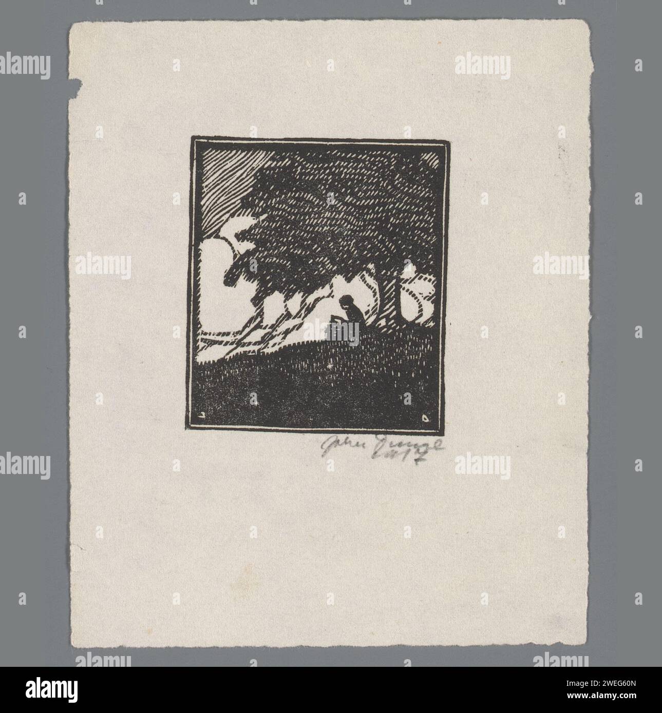Figure sitting under a tree, John Dunge, 1917 print paper trees ...
