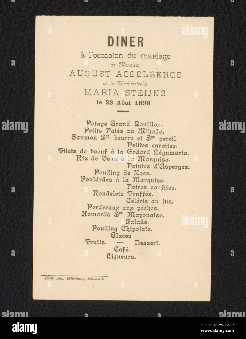 Menu for dinner in honor of the marriage of August Asselbergs and Maria ...