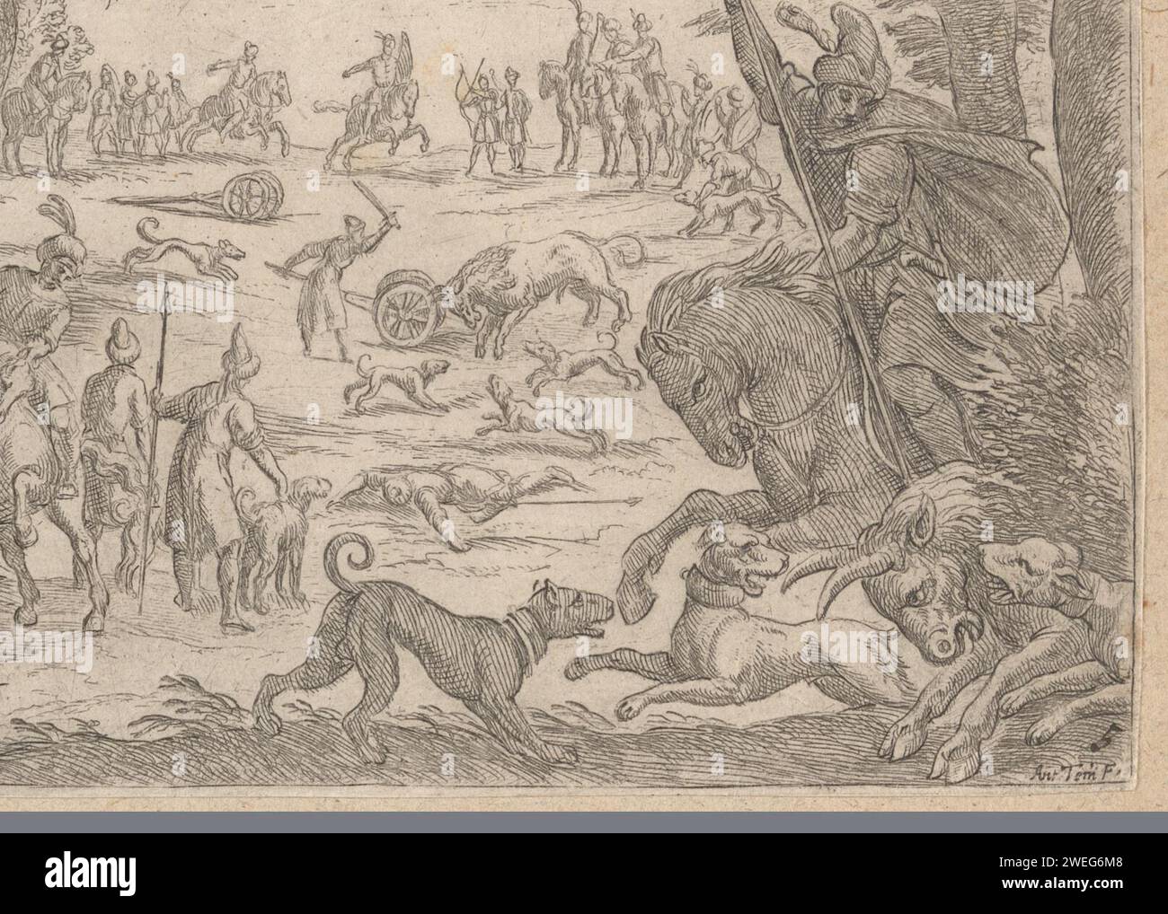 Wild bull hunt, Antonio Tempesta, 1598 print Landscape with hunters ...