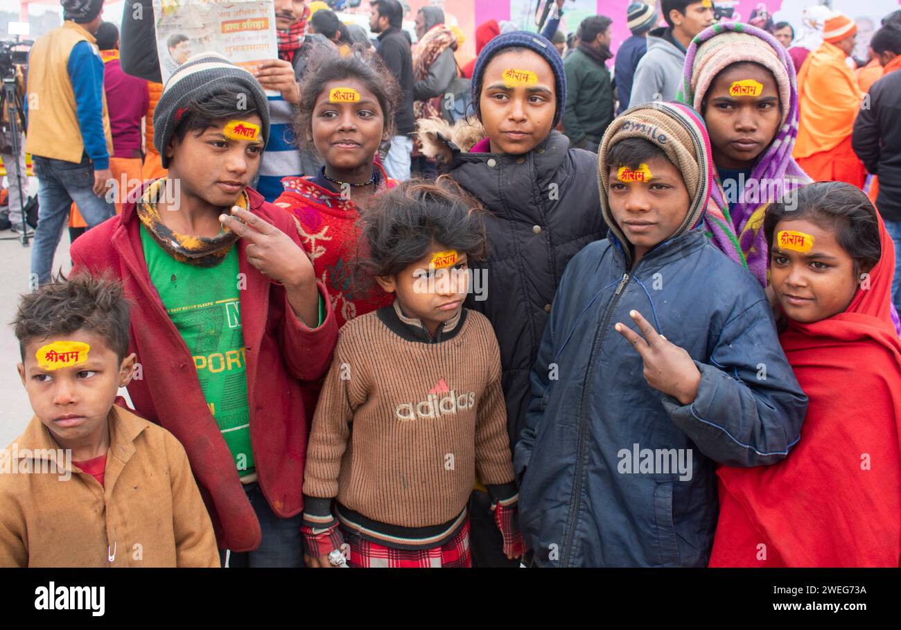 Children get painted the name of Lord Ram on their forehead, on the eve ...