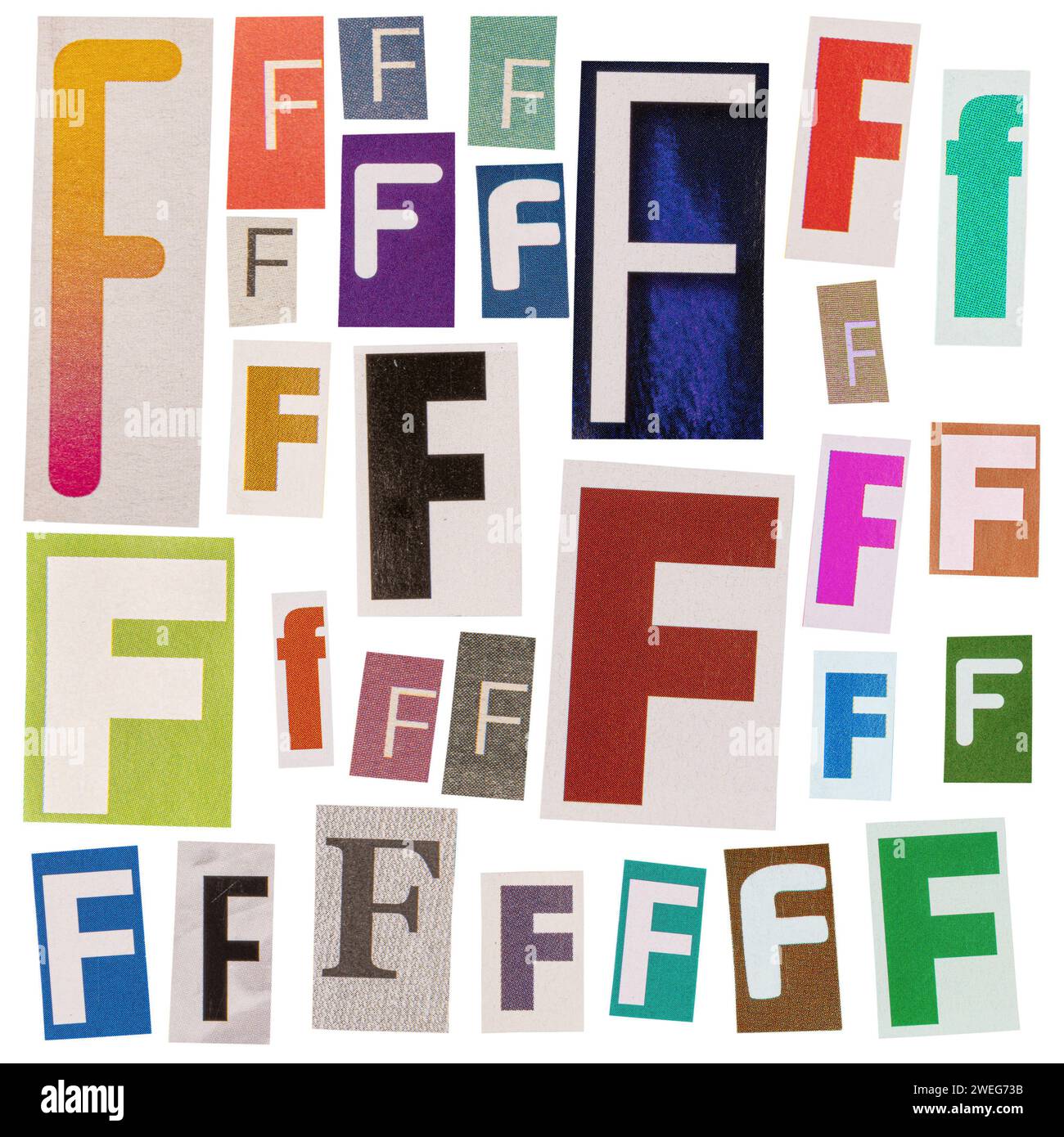 Letter F cut out from newspapers, isolated on white background Stock ...