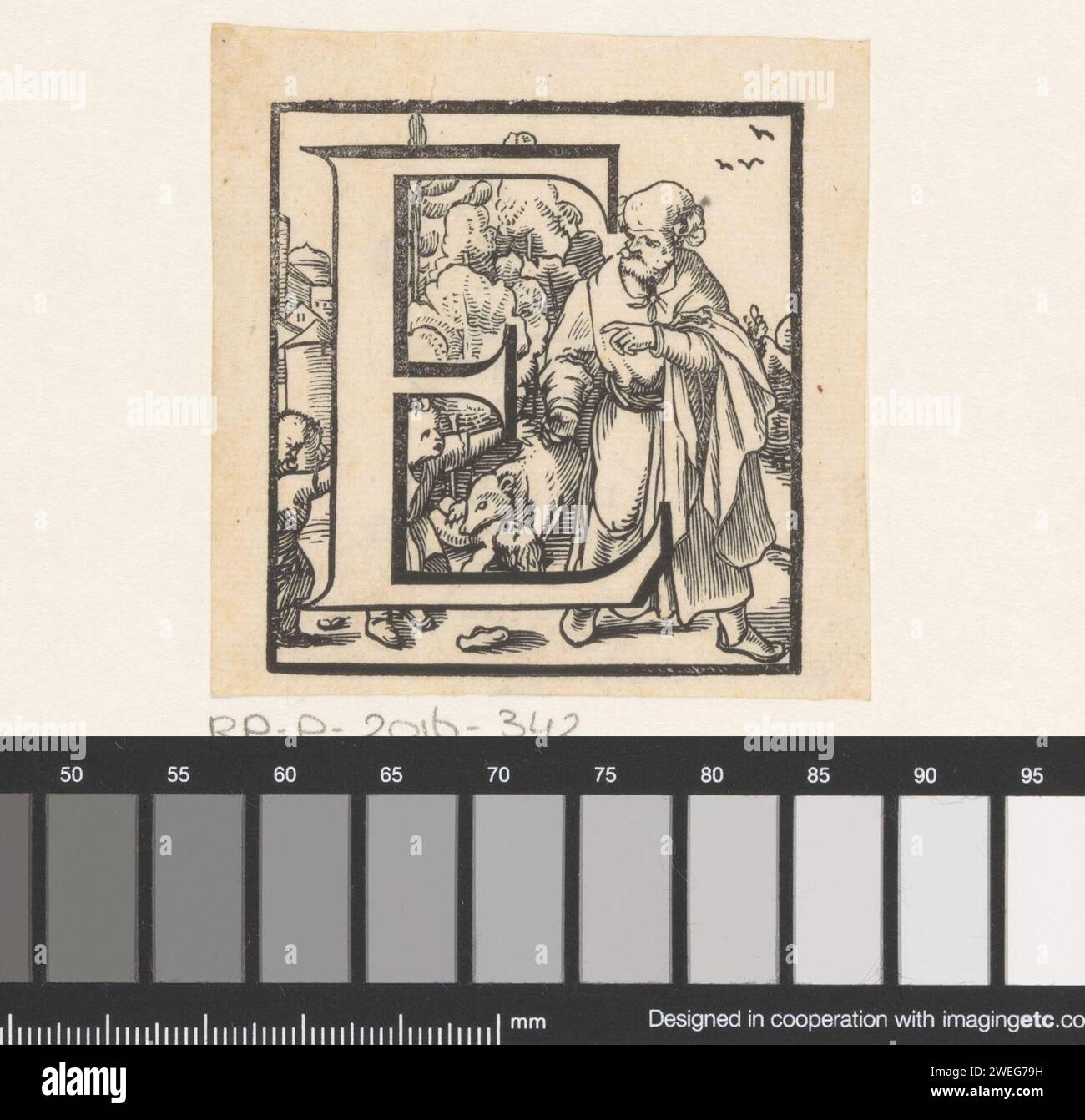 Letter E in a frame with a representation of the punishment of the ...