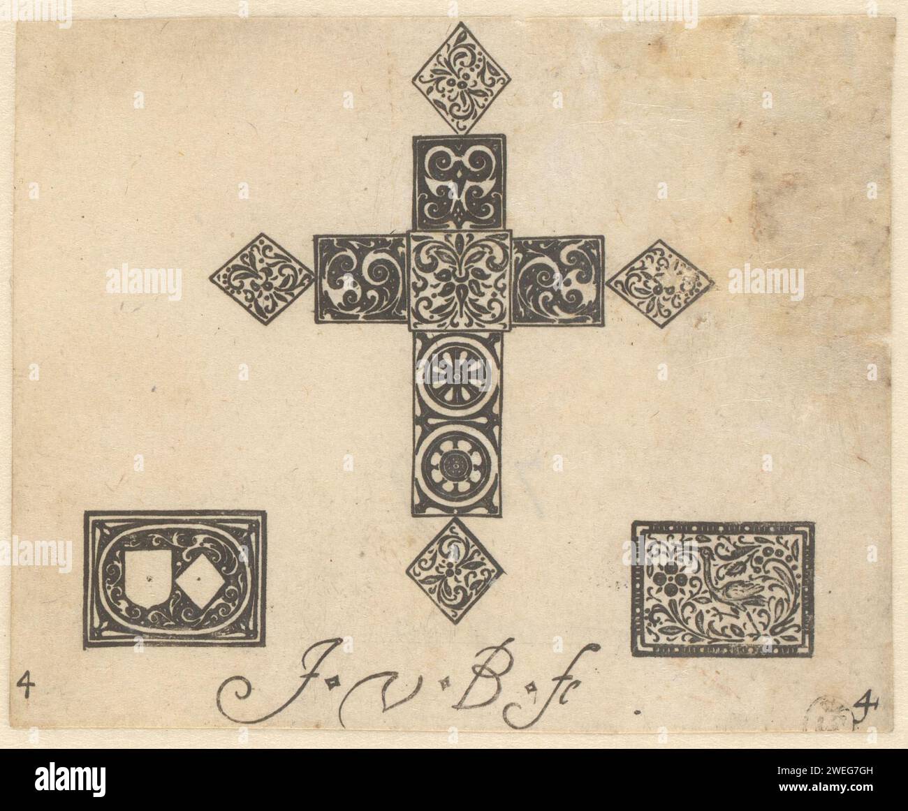 Three small black ornaments with branches, monogram missy JVB, 1619 A ...