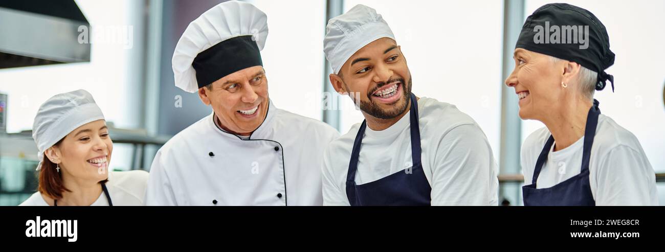 young african american chef with toque and braces smiling at colleagues ...