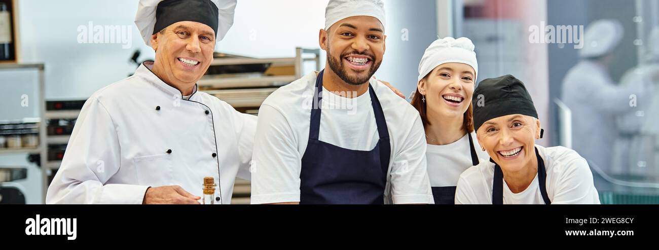 jolly diverse chefs and chief cook smiling at camera while working with ...