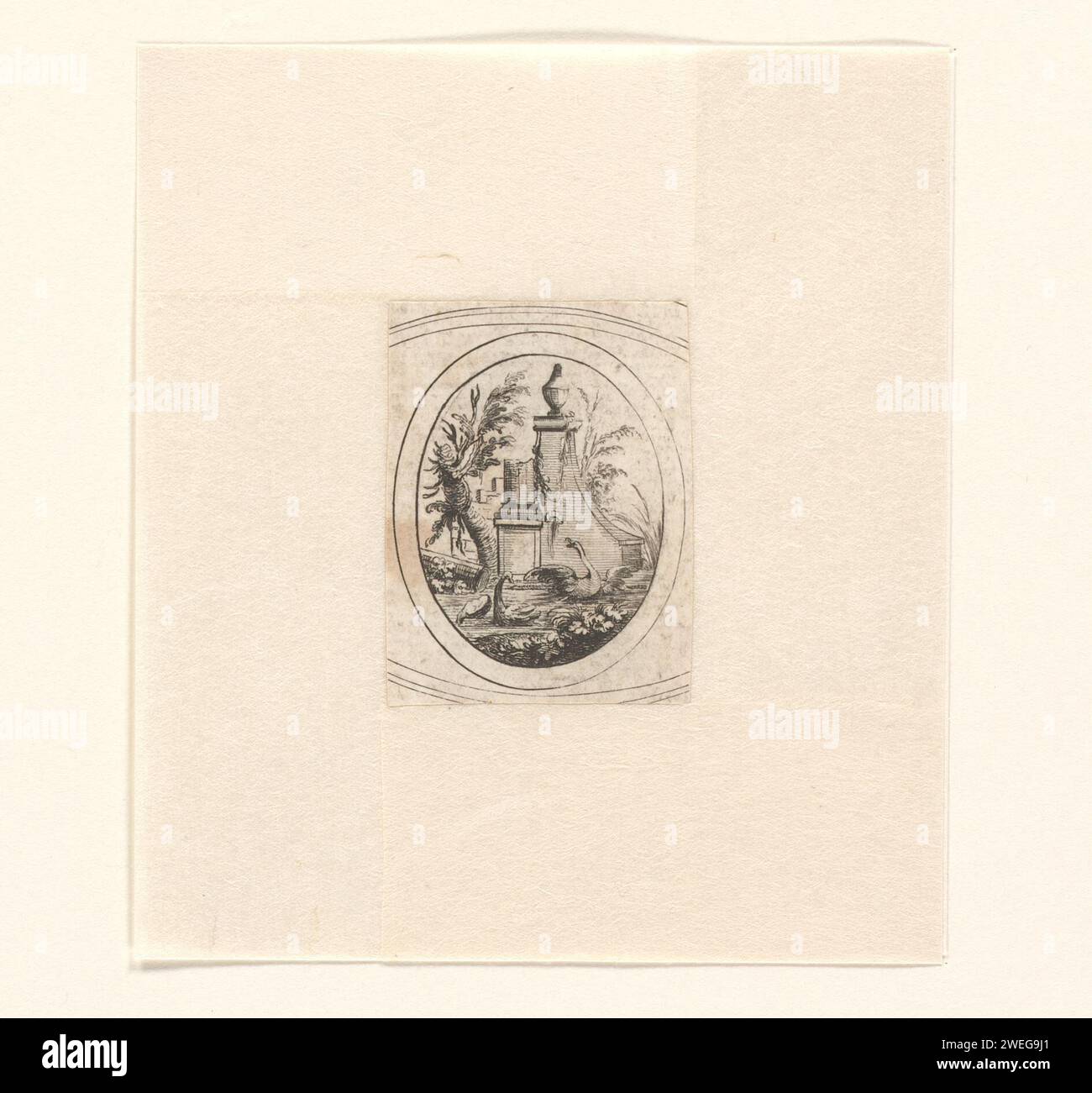 Medallion with broken column near pond with swans, anonymous, 1650 ...