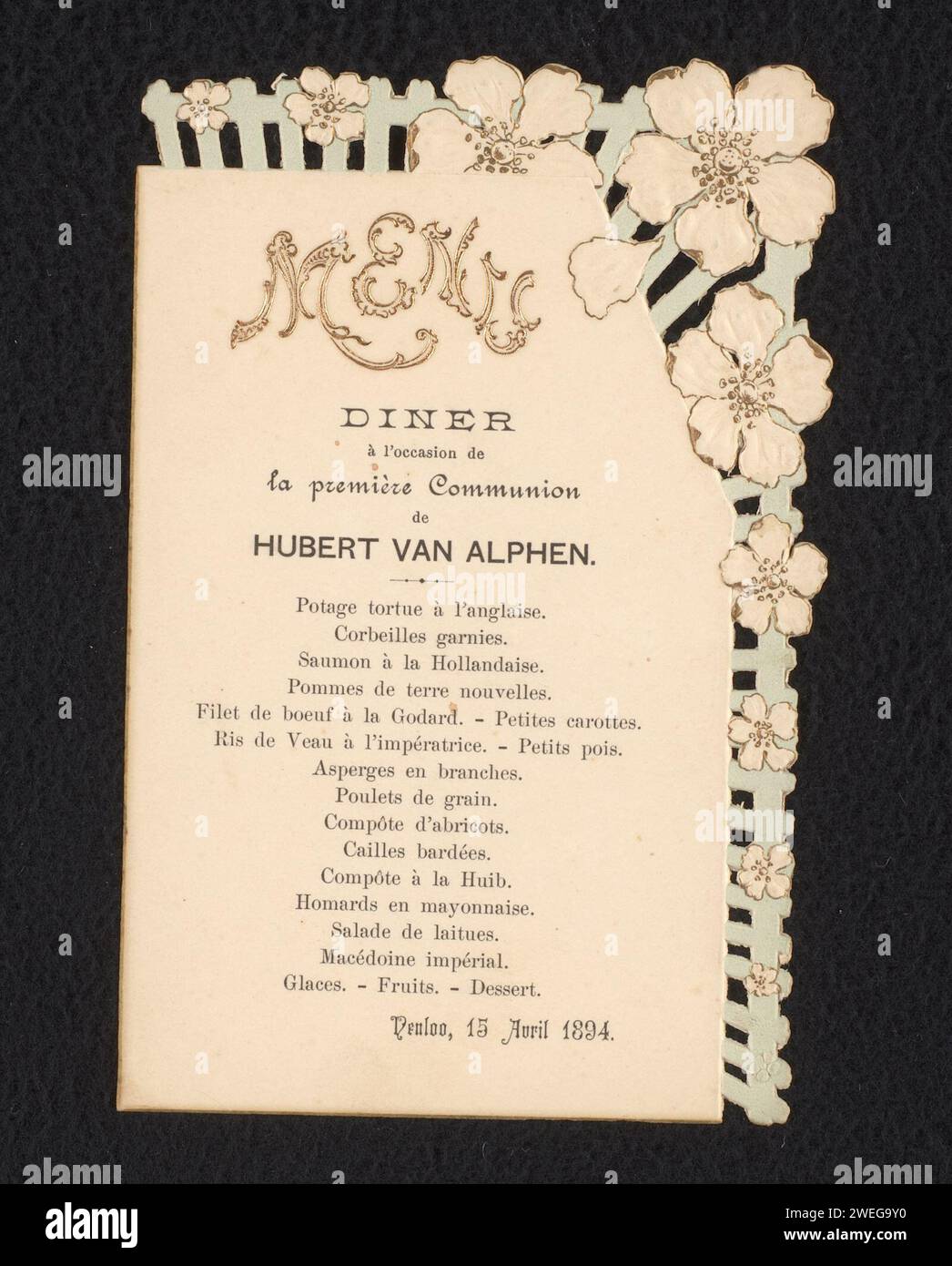 Menu of Dinner in honor of the first Holy Communion by Hubert van ...