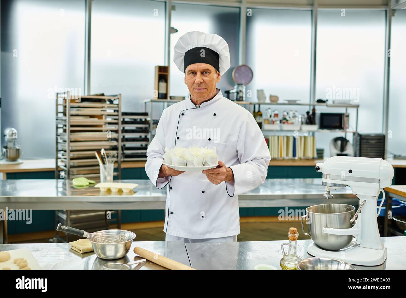 good looking chief cook in white hat posing on his kitchen and looking ...