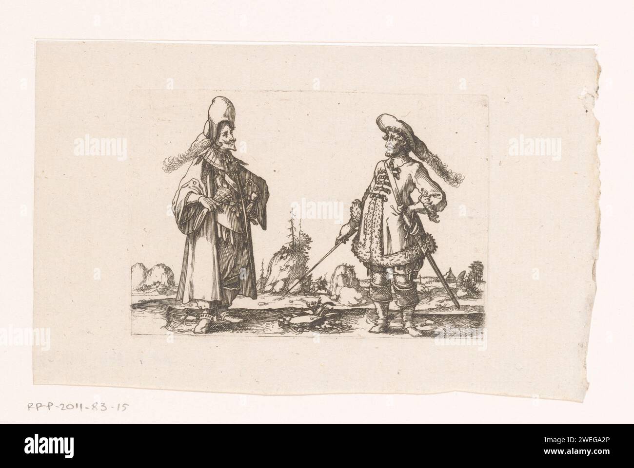 Two noblemen with a view of a village, Rudolph Meyer, 1615 - 1638 print ...