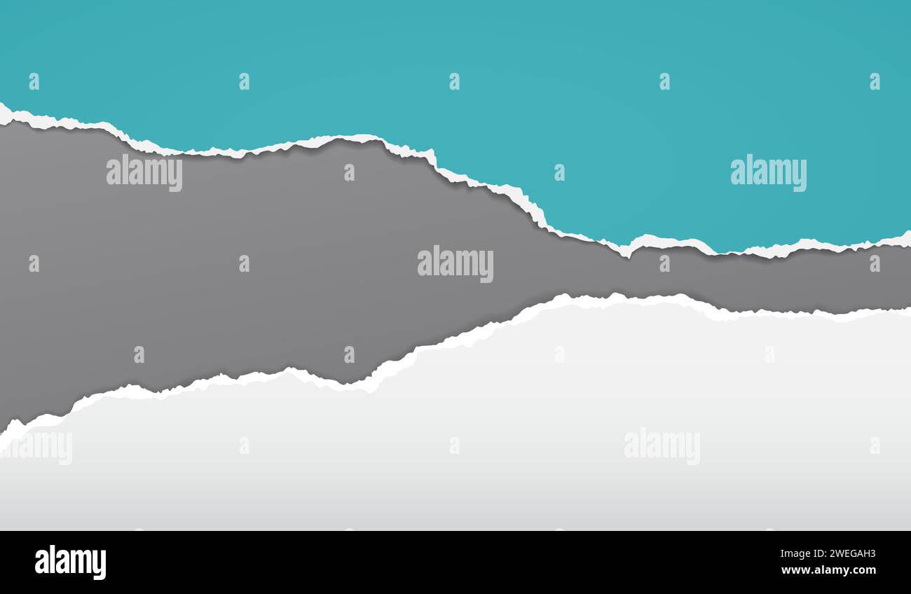 Torn, ripped turquoise and white paper strips with soft shadow are on ...