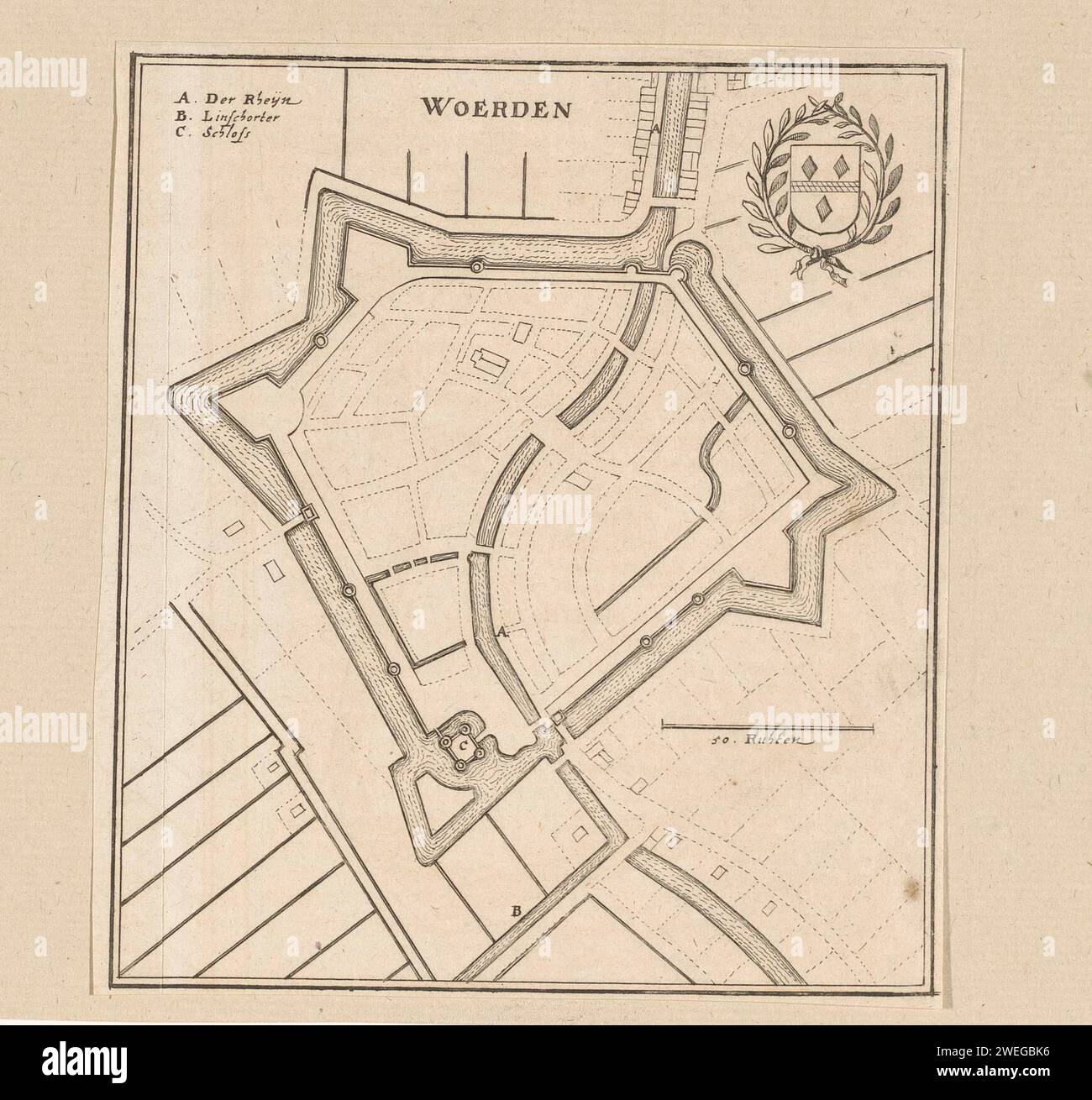 Vesting map of Woerden, Caspar Merian, after Johann Merck, 1654 - c ...