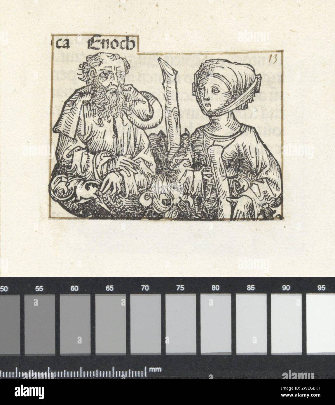 Enoch and his wife, 1493 print A flower chalice with an old man with a ...