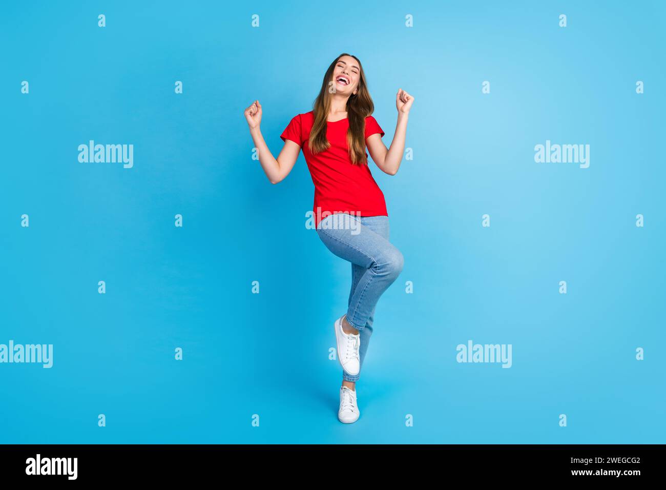 Full length photo of cheerful positive girl dressed trendy red clothes ...