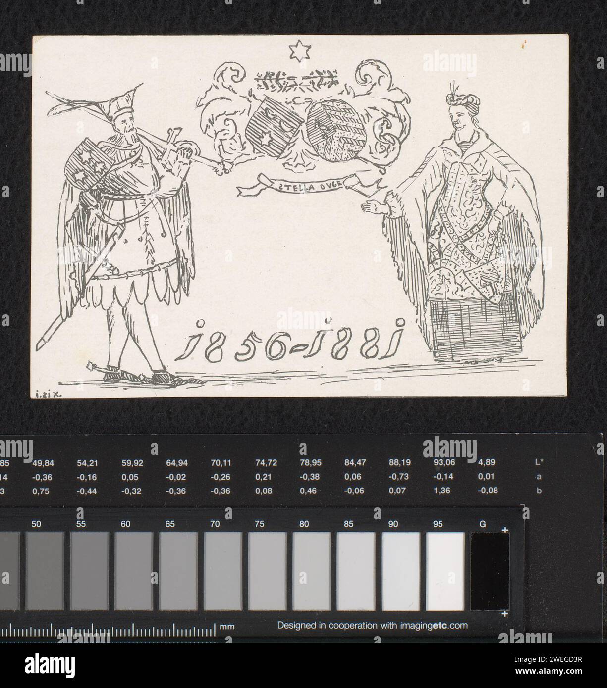 Man and wife in medieval clothing, with two family weapons in between ...