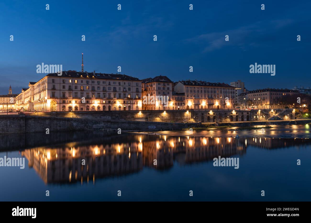 Elegant buildings in Turin seen from the south bank of the Po river. In ...
