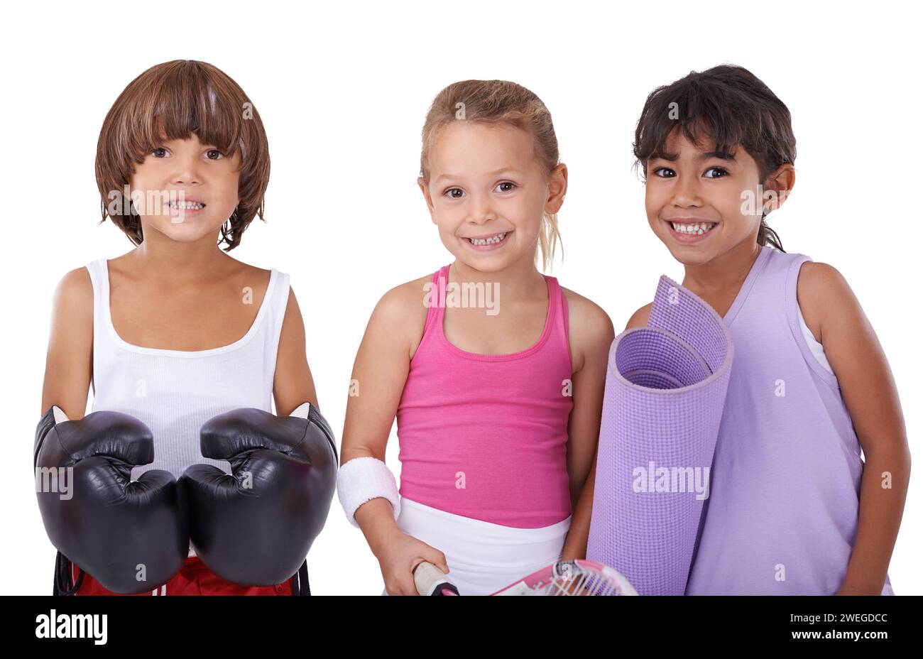 Portrait, sports and exercise with children or friends in studio ...