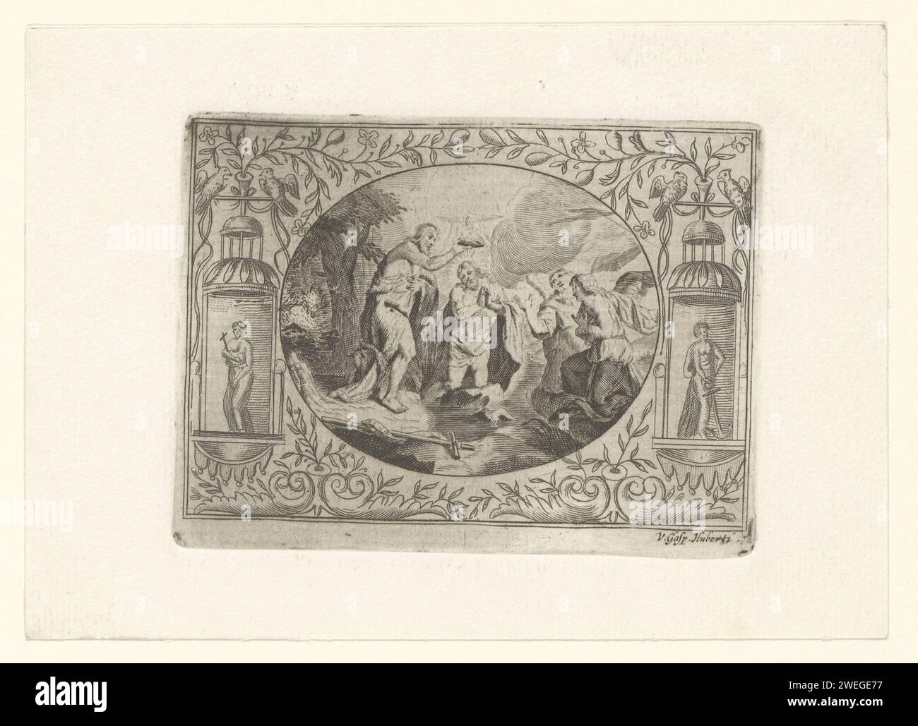 Baptism in the Jordaan, c. 1661 - c. 1684 print In an oval the presentation of baptism in the ...