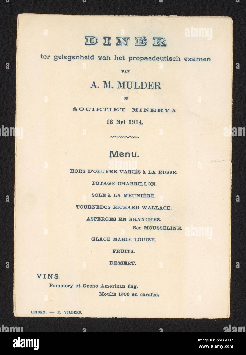 Menu for dinner in honor of achieving the propaedeutic year by A.M ...