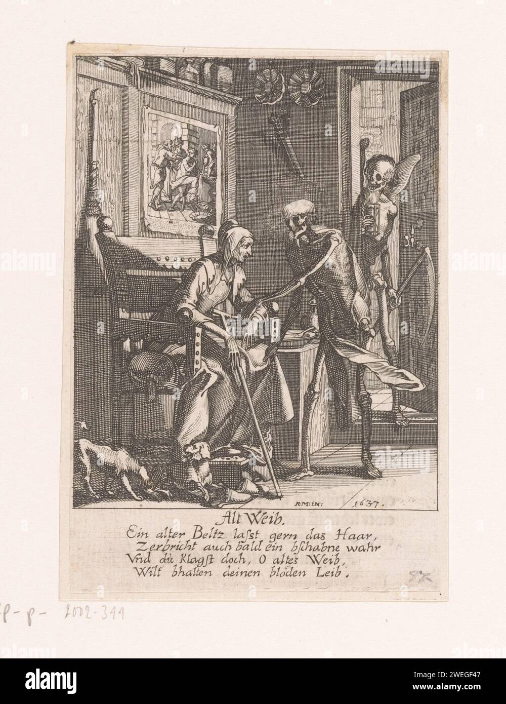Old Woman and Death, Rudolph Meyer, 1650 print An old woman sits in an ...