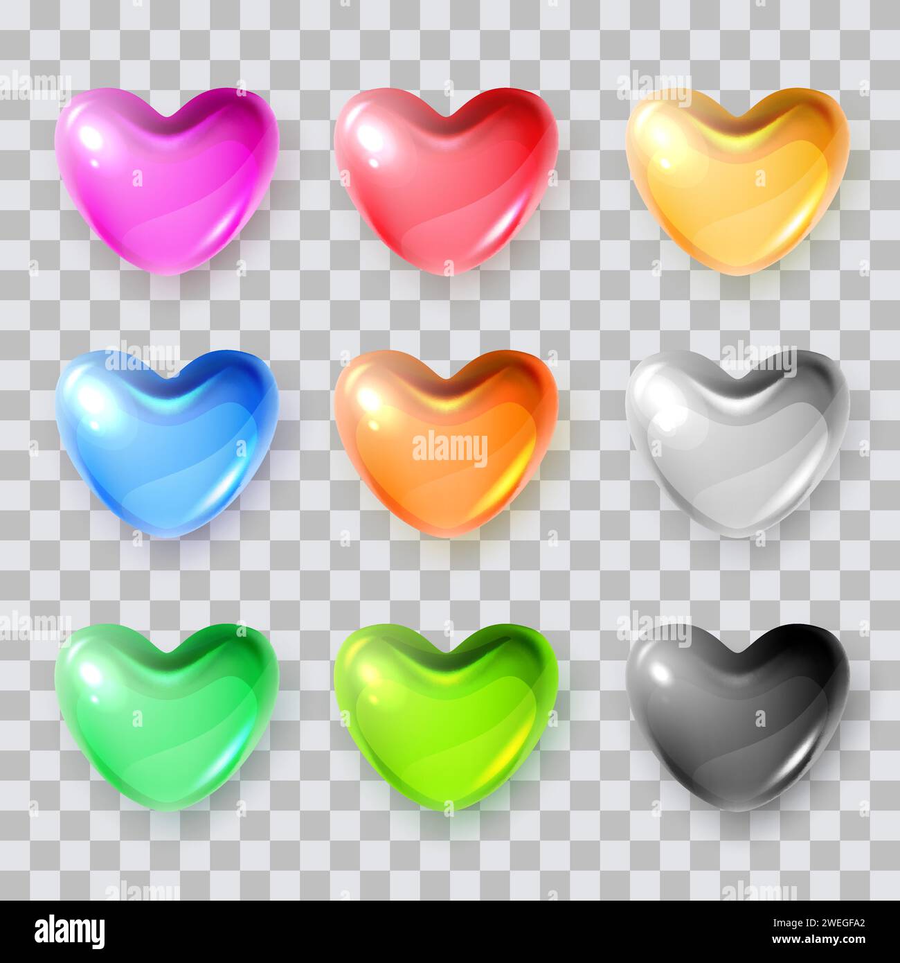 Colorful realistic 3d glass hearts set. Vector glossy plastic design ...