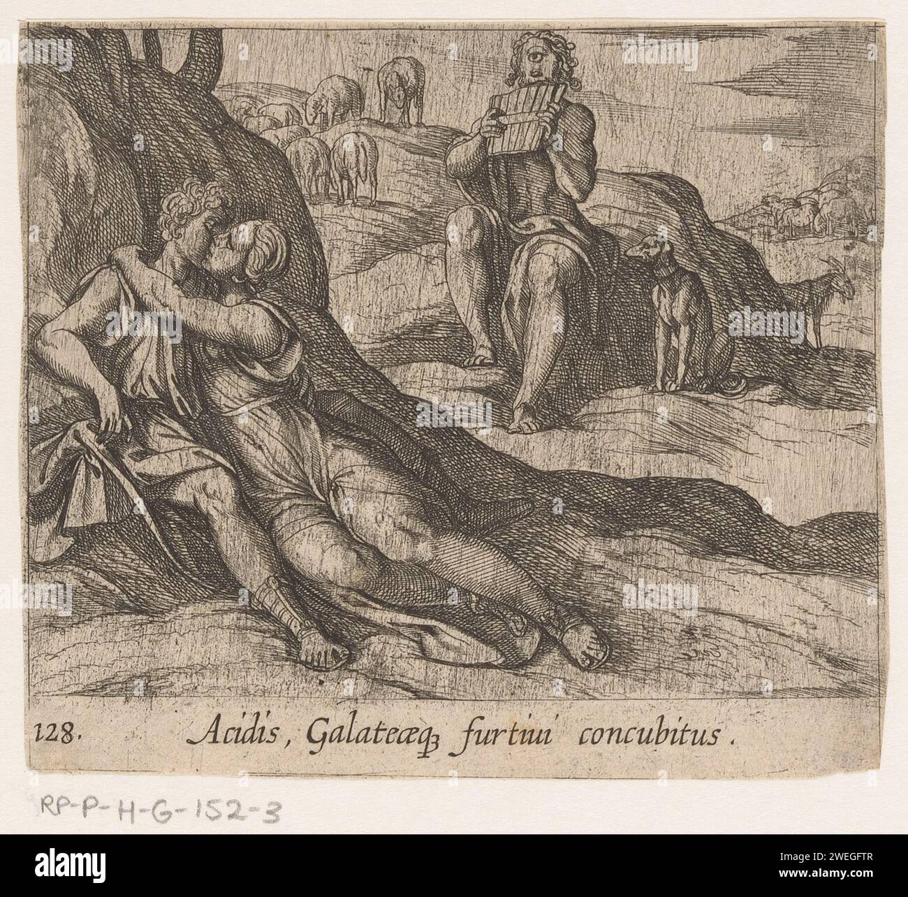 Galatea and Acis embrace each other, while Polyphemus sings in front of ...