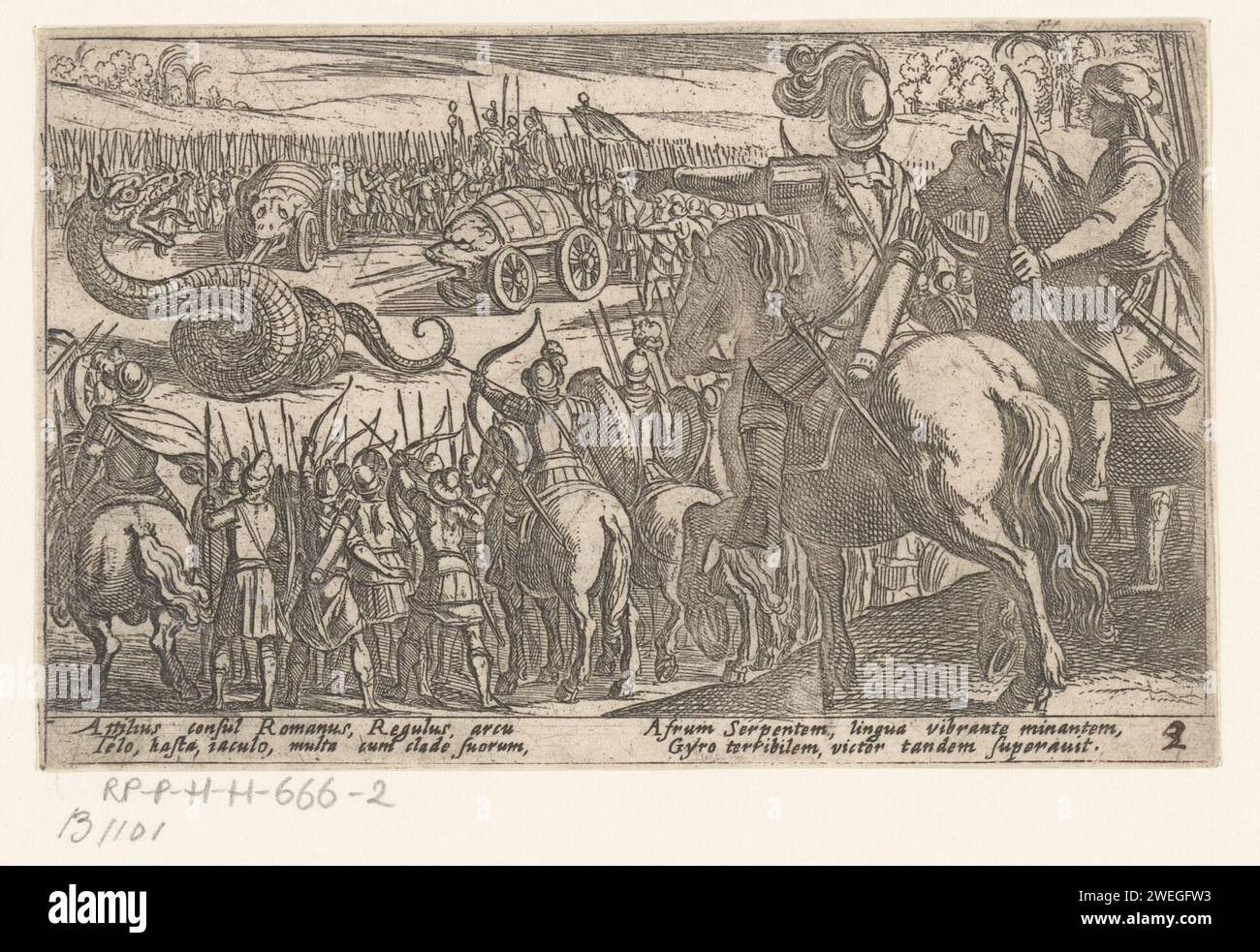 Army fights a giant snake, Antonio Tempesta, 1605 print An army locks a ...