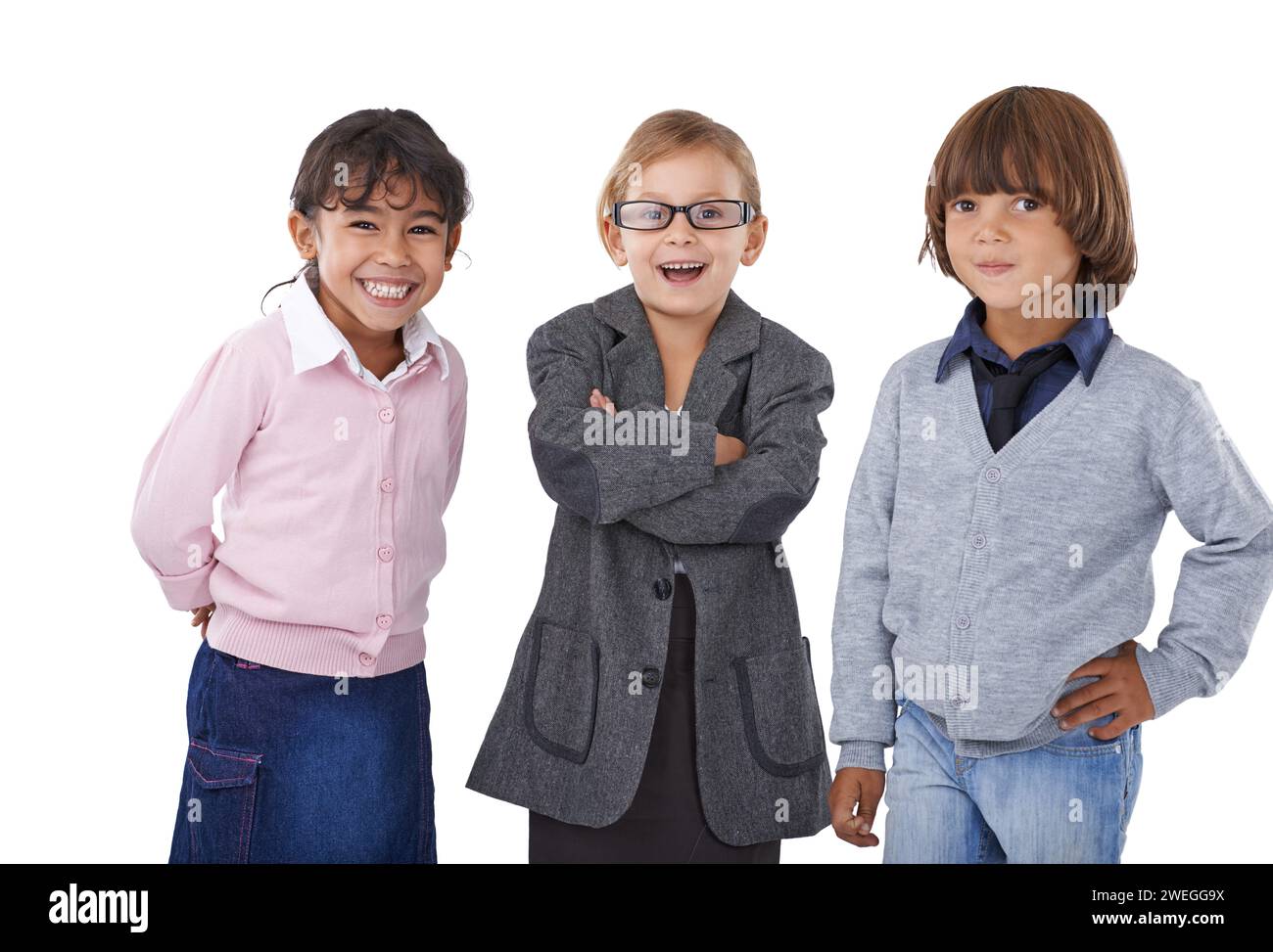 Portrait, kids with business clothes and friends in studio isolated on ...
