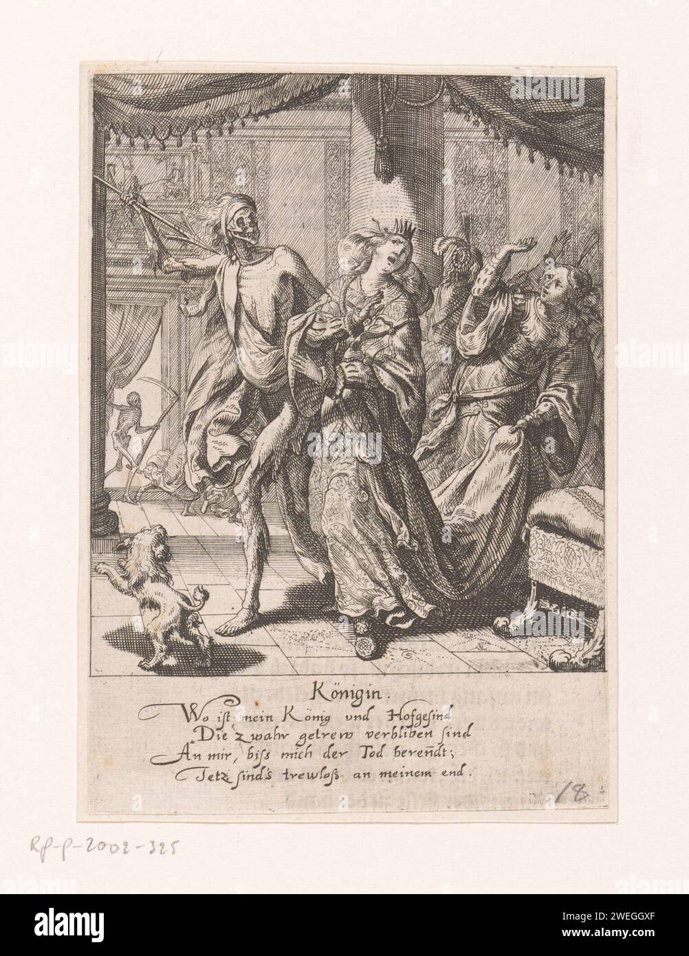 Queen and Death, Rudolph Meyer, 1650 print A queen with servants in a ...