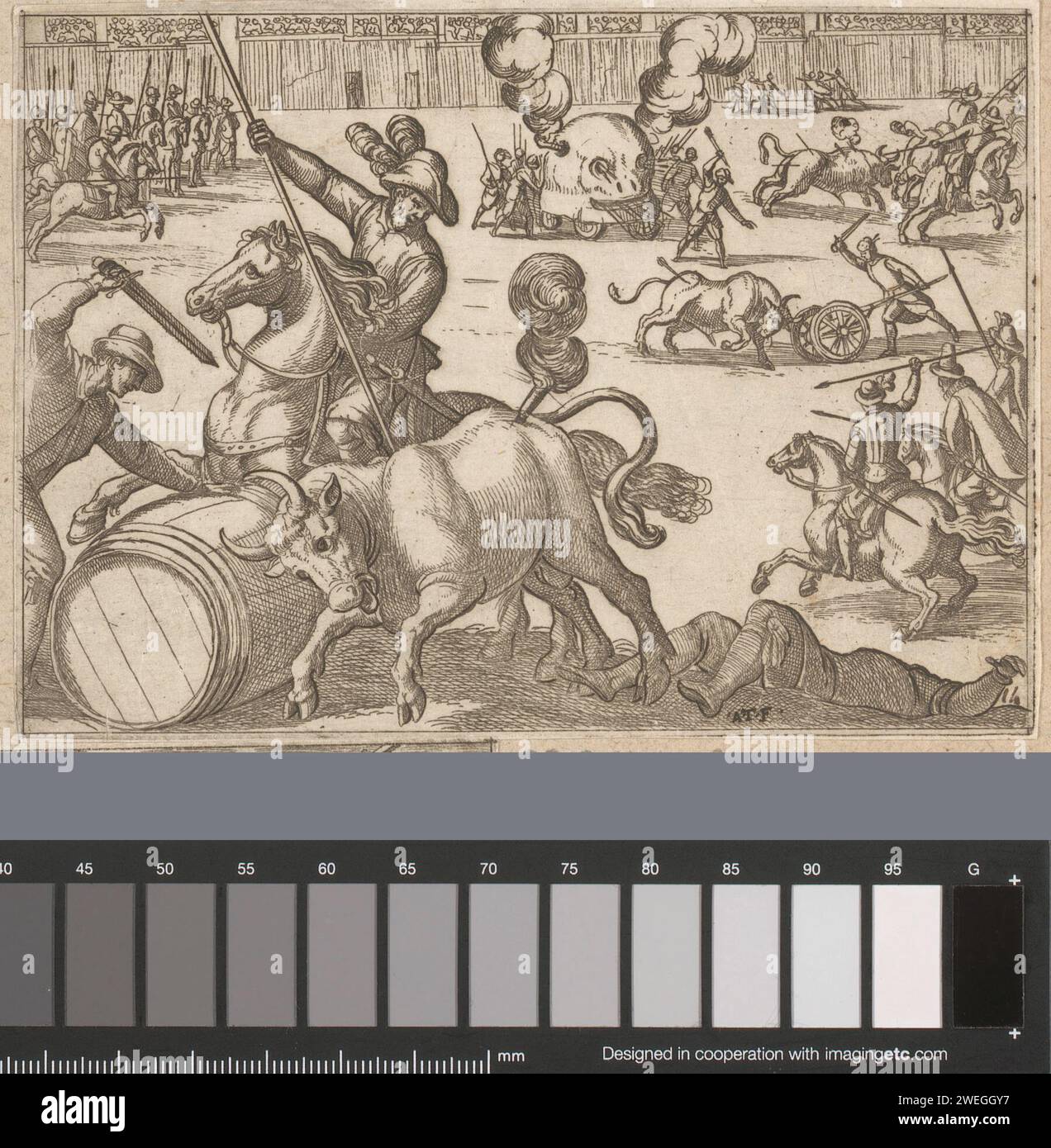 Hunting bulls in an arena, Antonio Tempesta, 1598 print Face in an ...