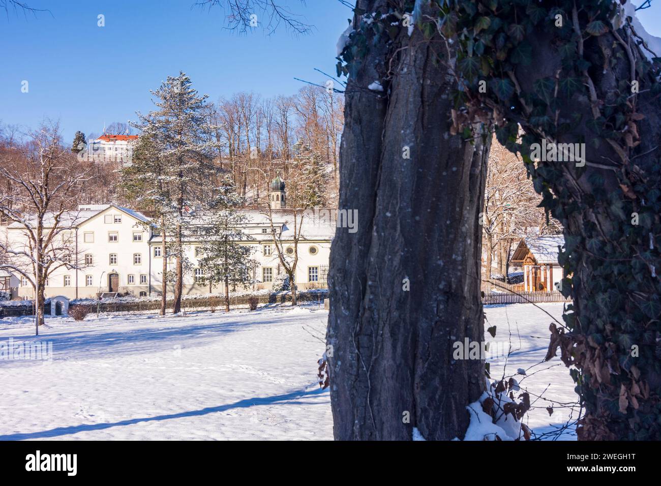 Kochel am See: park Kurpark, Schloss Aspenstein Castle, snow in Oberbayern, Tölzer Land, Upper ...