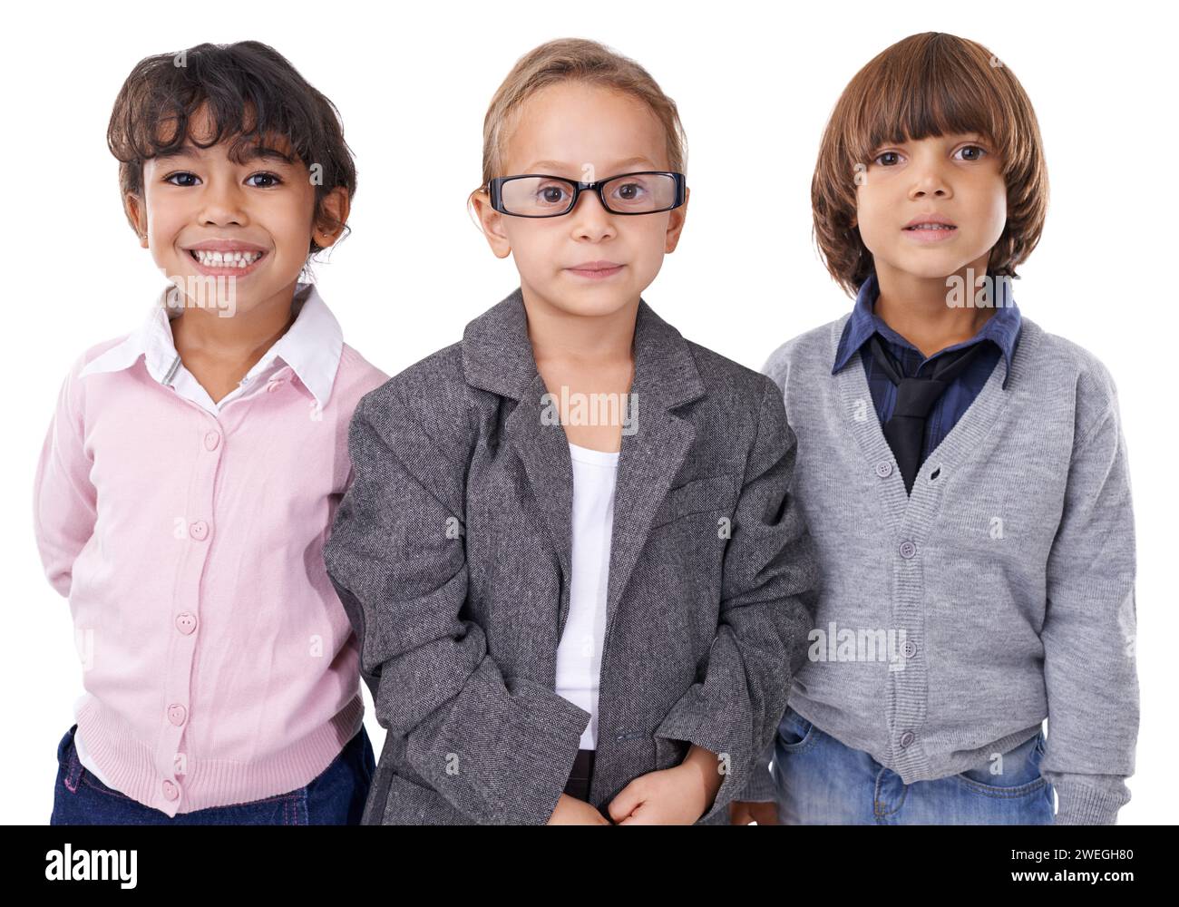 Portrait, children with business clothes and friends in studio isolated ...