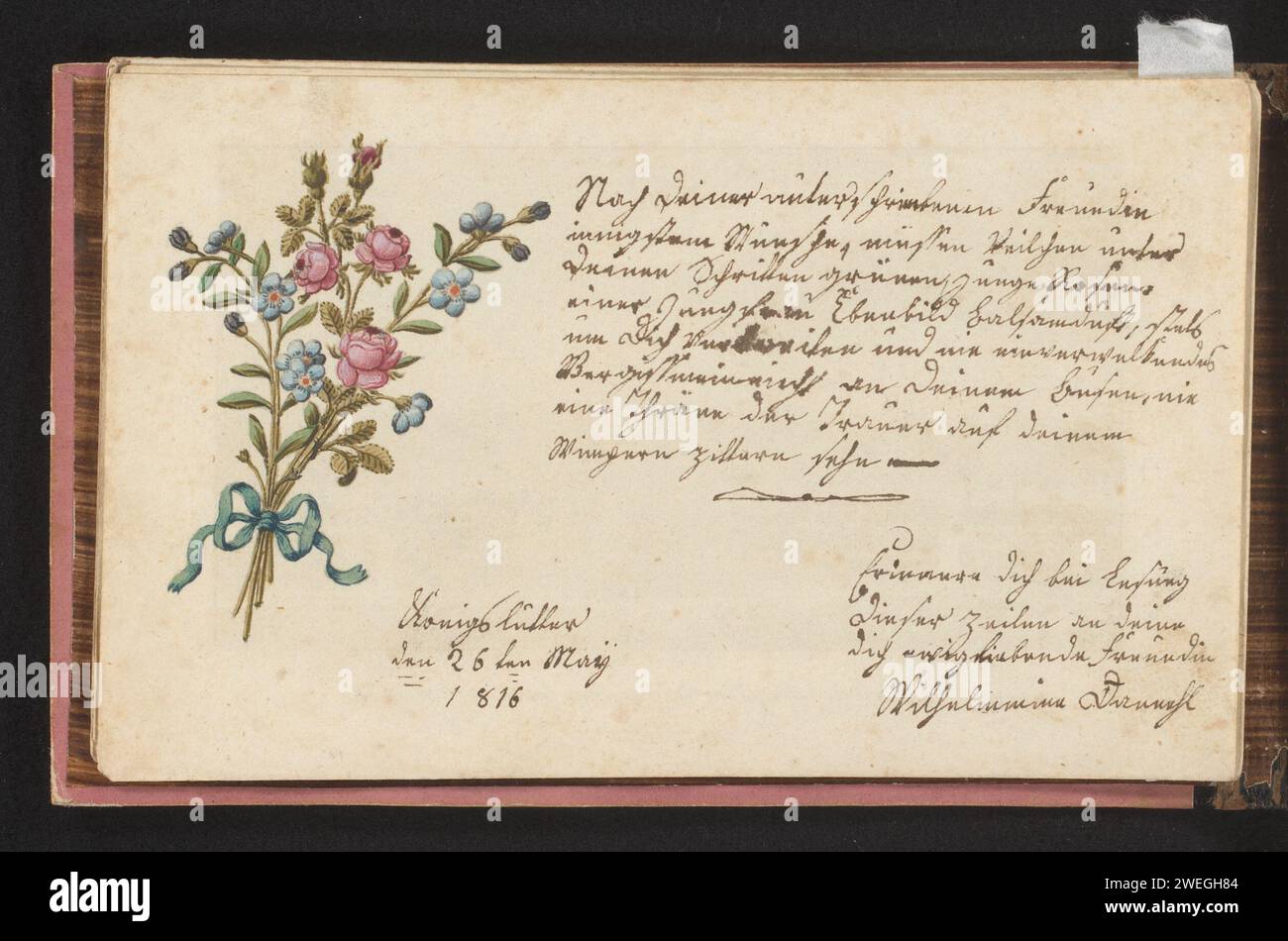 Roses and forget-me-nots tied together with text, Anonymous, 1770-1816 ...