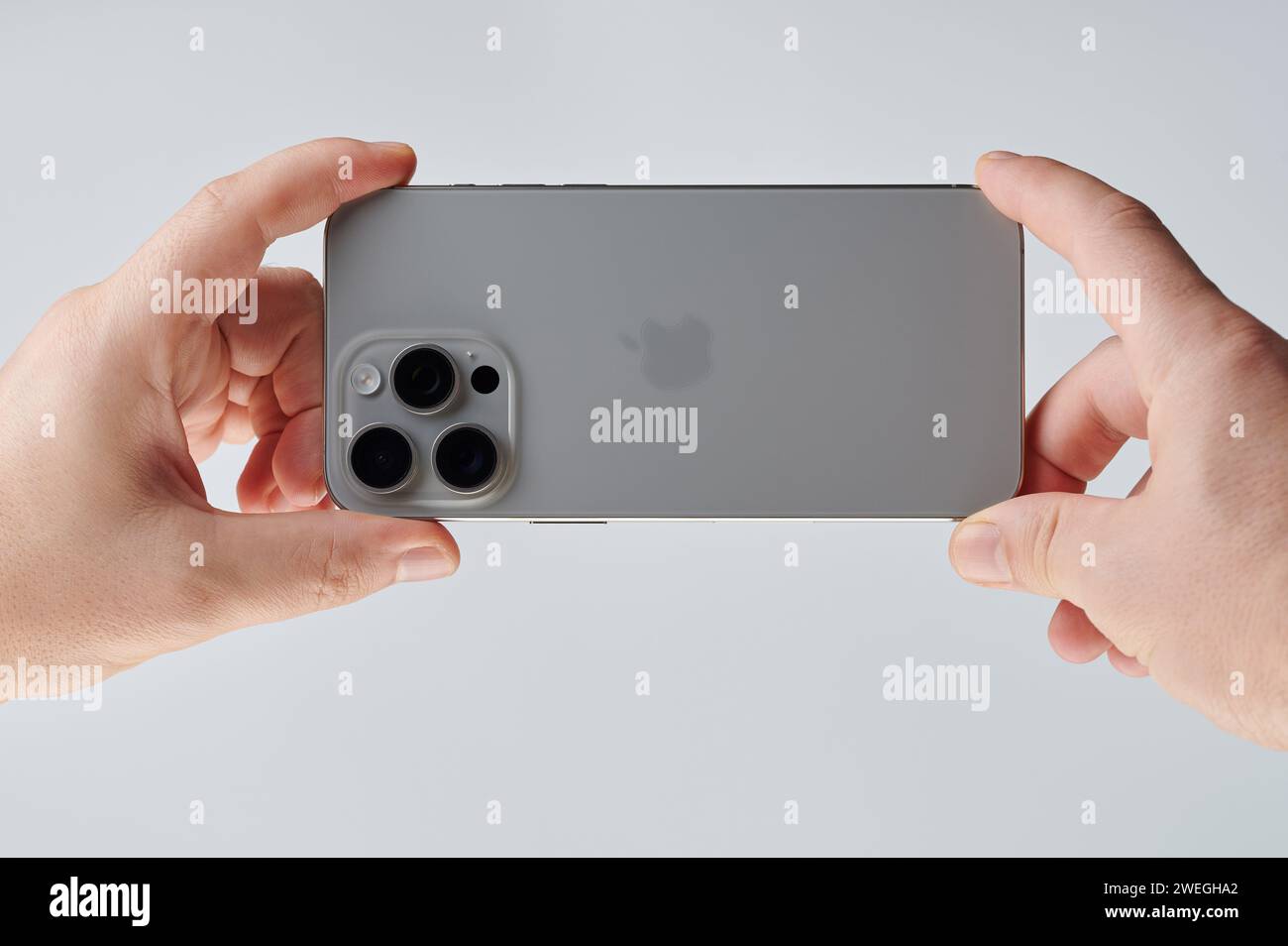 New York, USA - January 25, 2024: Iphone 15 pro max in hand horizontal ...