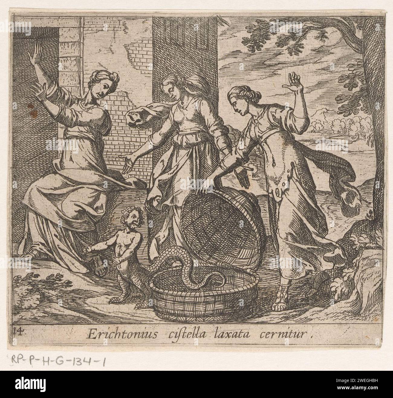 Erichthonius left out of his basket, Antonio Tempesta, 1606 - 1638 print The three daughters of ...