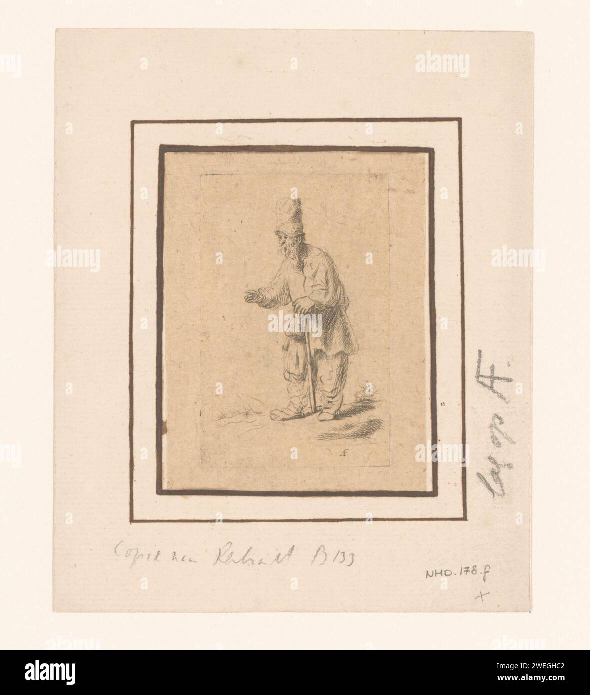 A peasant in a high cap, standing leaning on a stick, Monogrammist AF ...