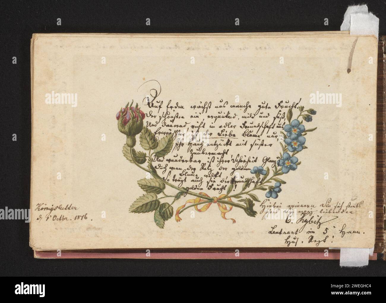 Text above a rose and forget-me-not bound, anonymous, 1770-1816 print ...
