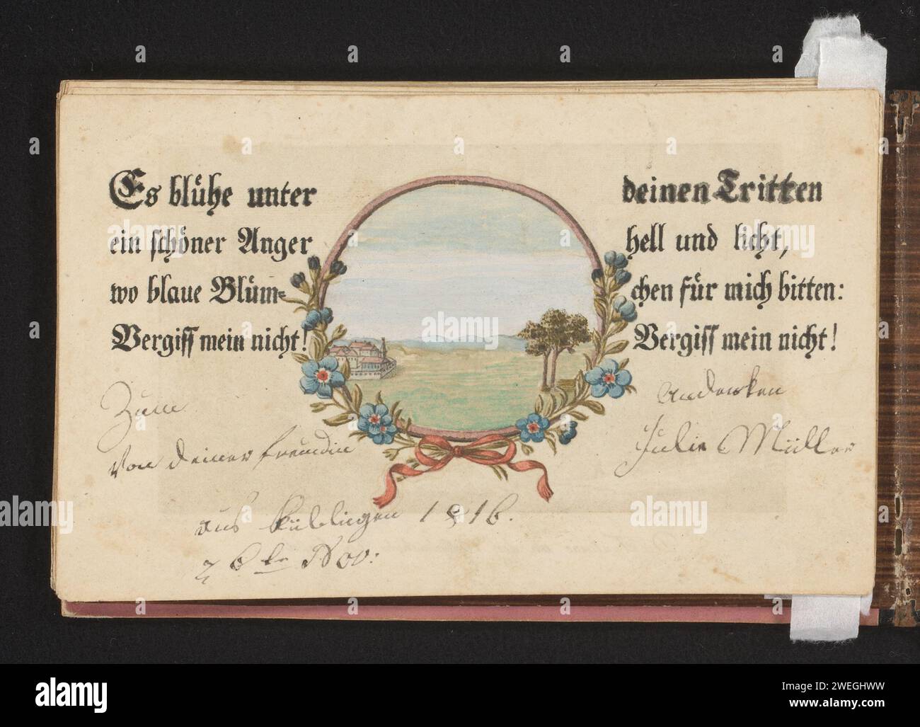 Text to a landscape with tree in frame of forget-me-notes, anonymous ...