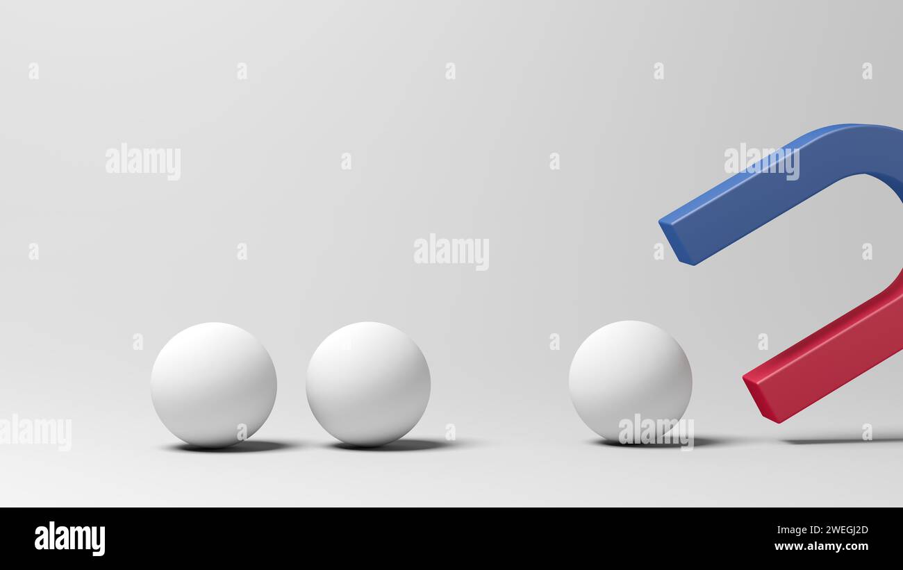 Three white spheres. Magnetism. Magnetic. Magnet. 3d rendering Stock ...