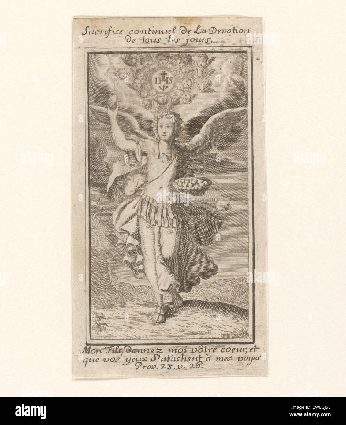 Angel with hearts, anonymous, 1650 - 1699 print An angel has a basket ...