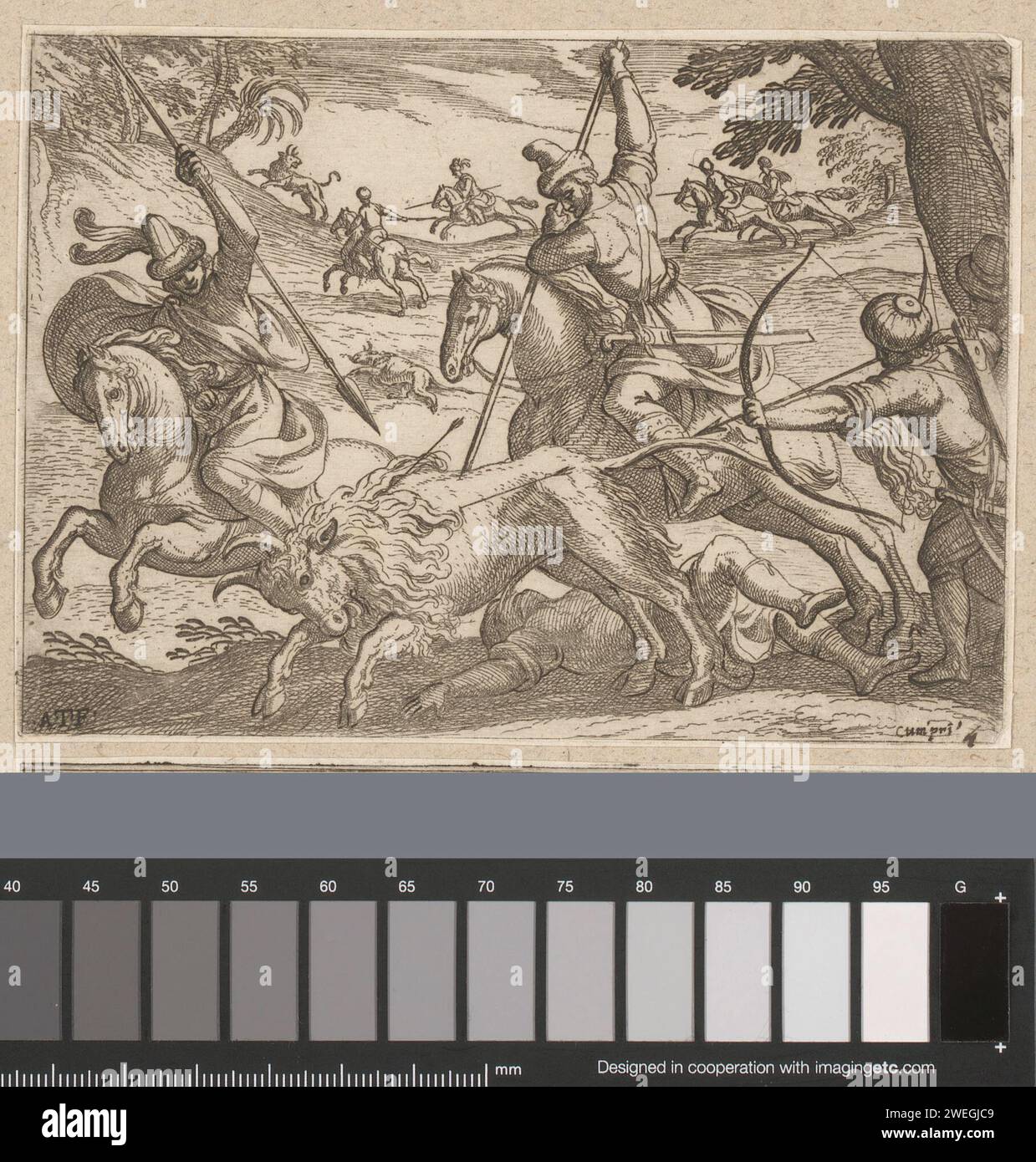 Wild bull hunt, Antonio Tempesta, 1598 print Landscape with men with ...