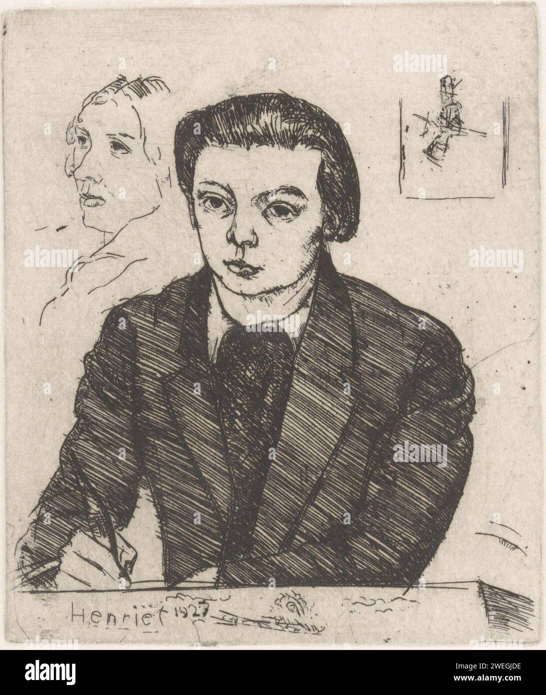 Writing young man, possibly a self -portrait, 1927 print Left in the ...