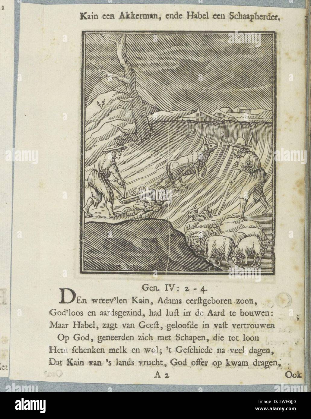 Cain and Abel as farmer and shepherd, 1740 print Cain plows a field ...